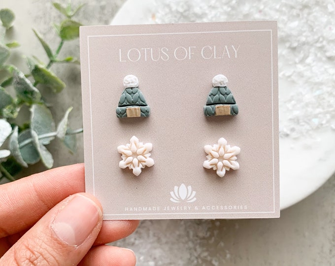 Winter Hat and Snowflake Stud Earrings, Handmade Christmas Clay ...