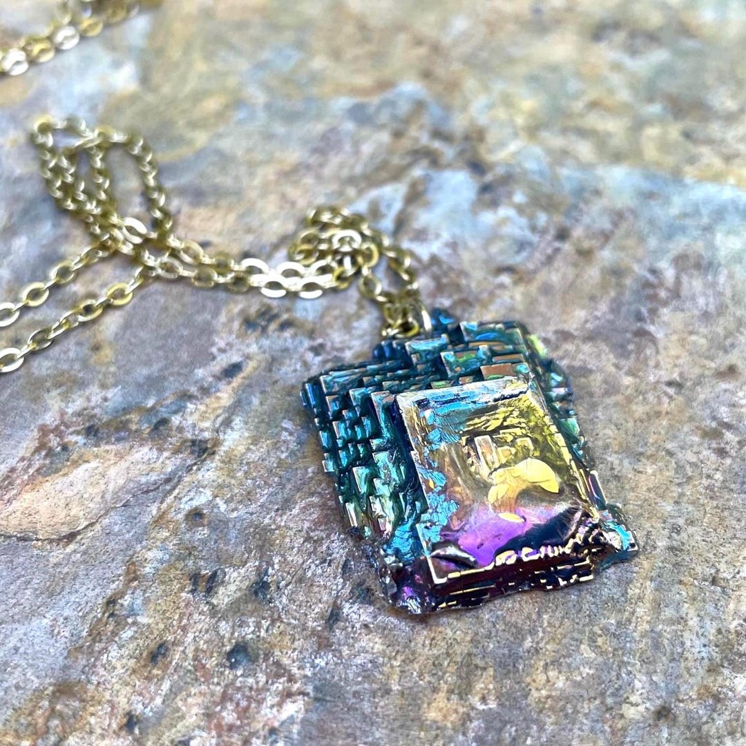 Blue Gold Bismuth Square Crystal Necklace on 22 Inch Stainless Steel ...
