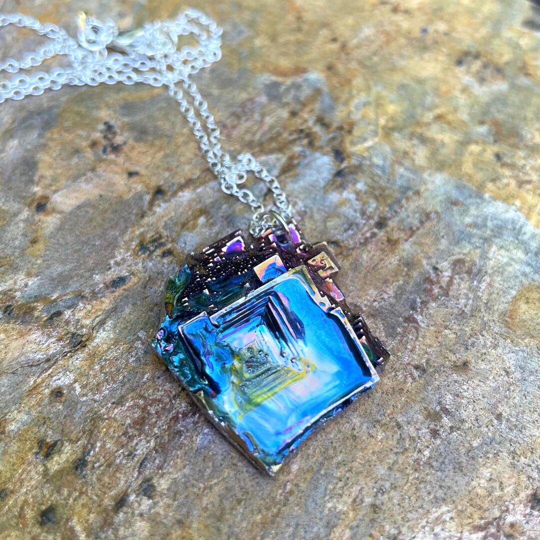 Iridescent Blue Bismuth Square Crystal 20 or 22 Inch Silver Necklace 17 ...