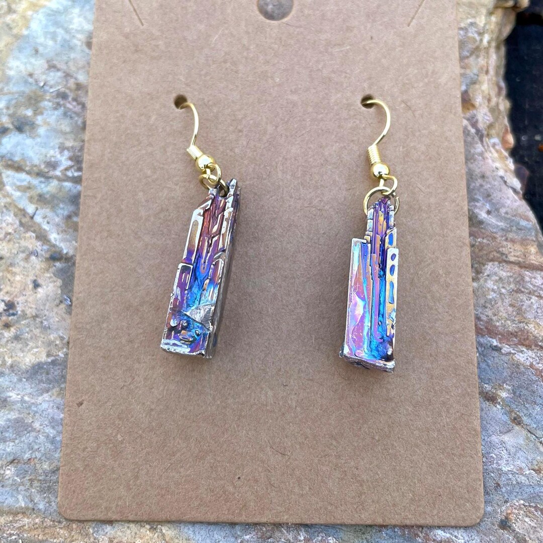 Golden Iridescent Bismuth Tower Crystal Dangle Earrings - Etsy