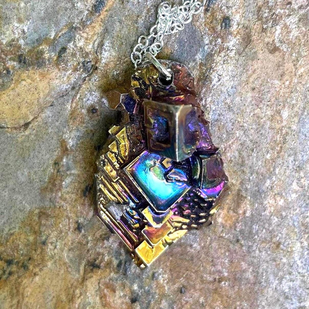 Iridescent Gold Bismuth Cube Crystal 20 or 22 Inch Silver Necklace 14.7 ...