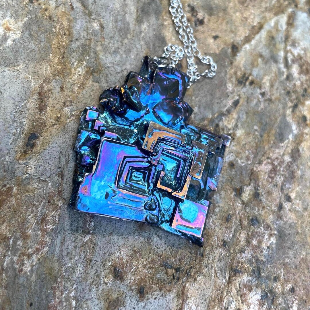 Blue Gold Bismuth Square Crystal 20 or 22 Inch Silver Necklace 20.3 ...
