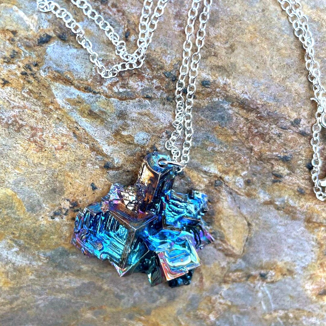 Blue Iridescent Bismuth Cube Cluster 20 or 22 Inch Silver Necklace 18.6 ...