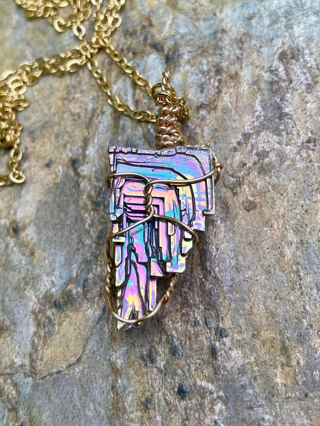 Pink Gold Bismuth Tower Crystal Wire Wrapped 22 Inch Gold Stainless ...