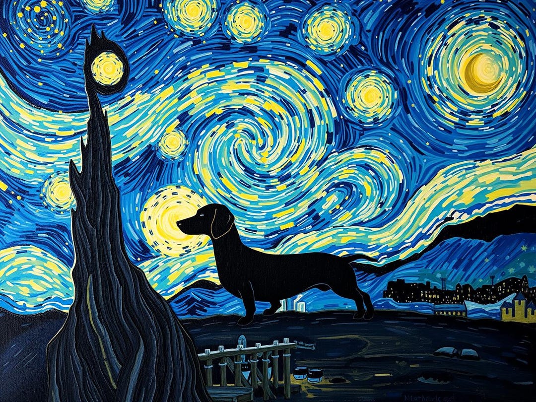 Van Gogh Starry Night With Dachshund Print, Van Gogh Print, Dachshund ...