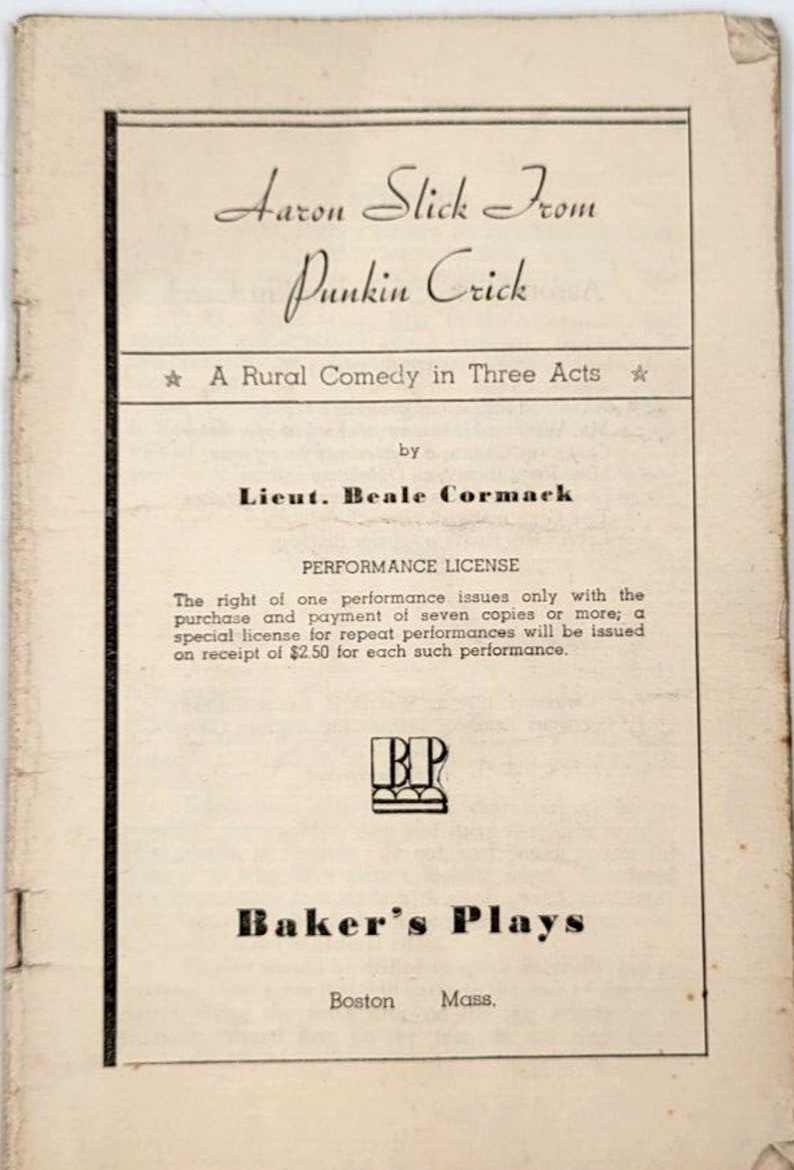 1947 Baker's Plays Aaron Slick From Punkin Crick Scene Character Lines ...