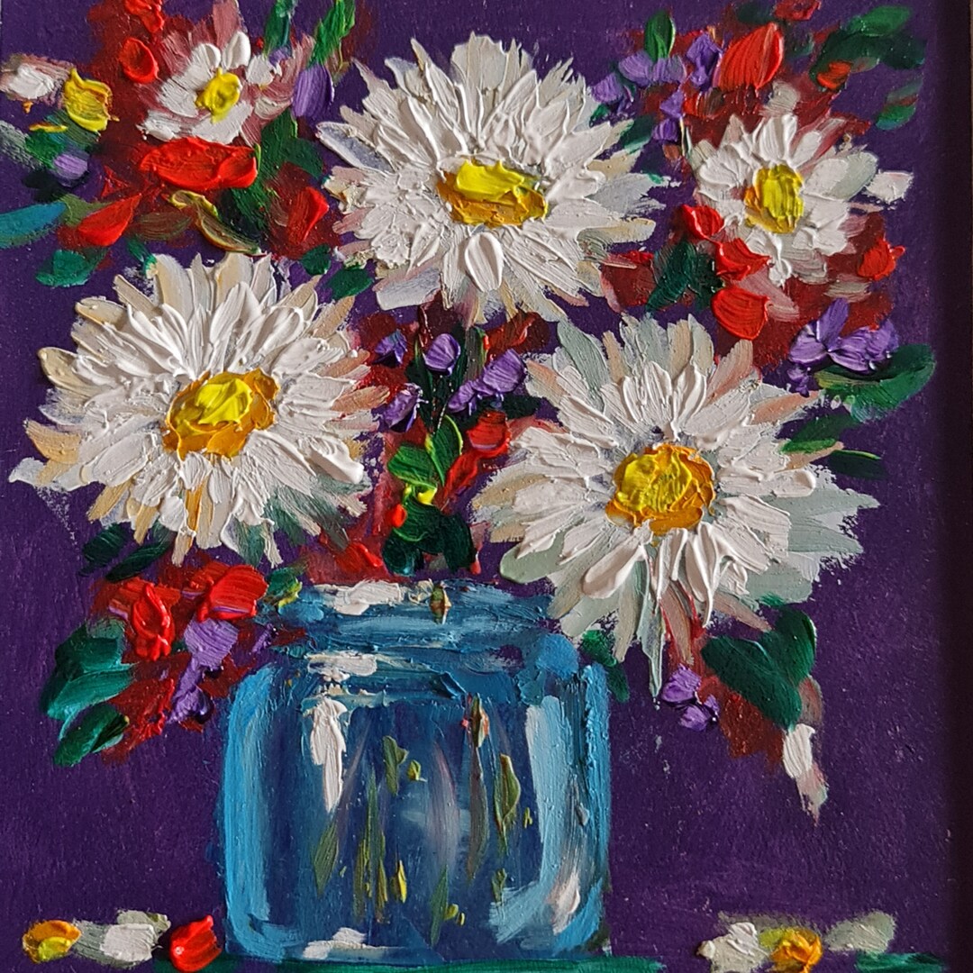 White Daisy in Blue Glass Jar 7x7 Oil Painting Original - Etsy
