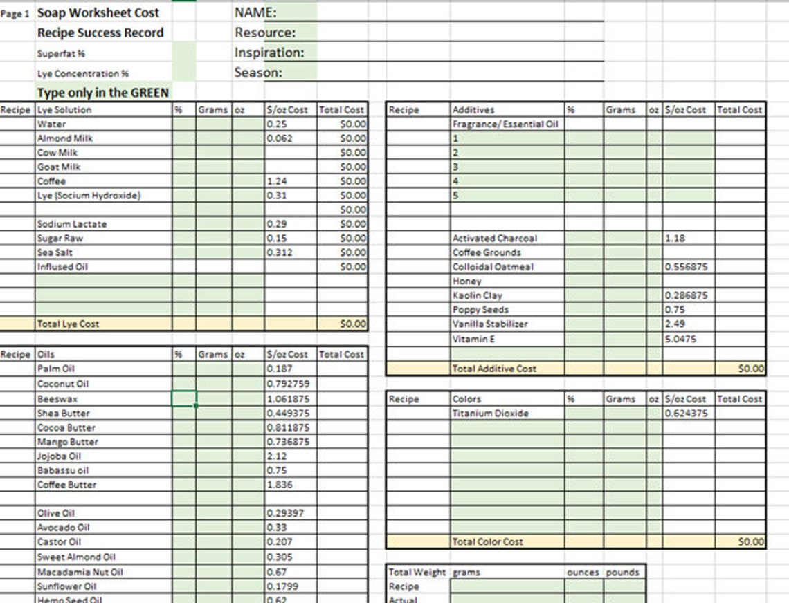 Soap Maker Tool Worksheet Cost and Recipe Success Record Editable Excel ...