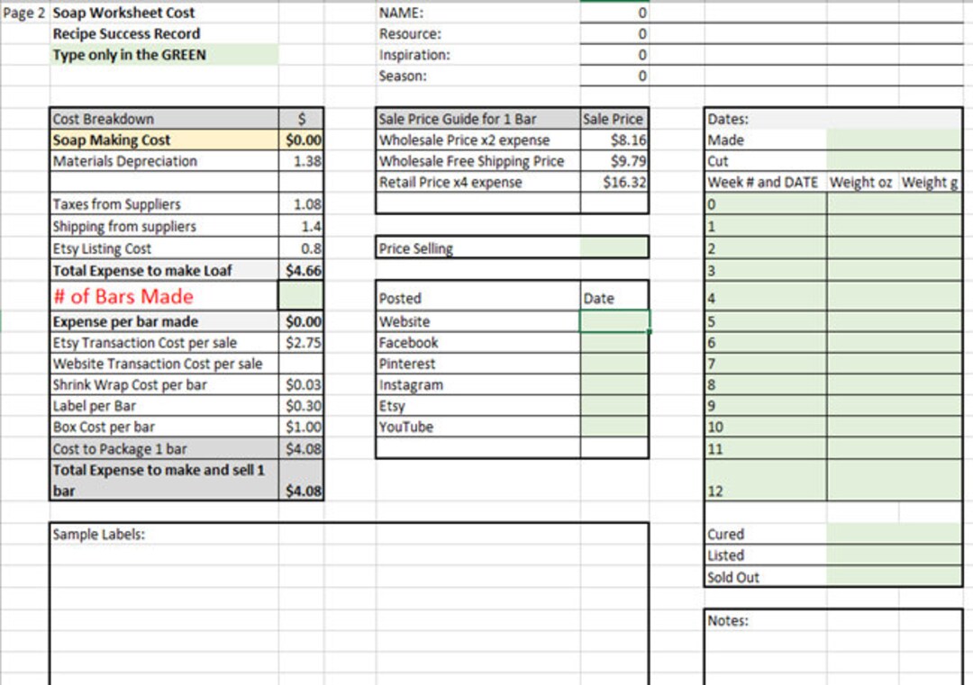 Soap Maker Tool Worksheet Cost and Recipe Success Record Editable Excel ...