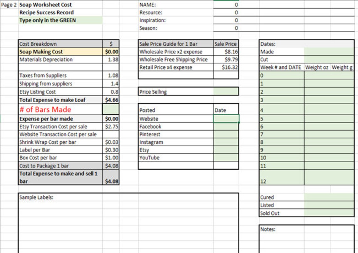 Soap Maker Tool Worksheet Cost and Recipe Success Record Editable Excel ...