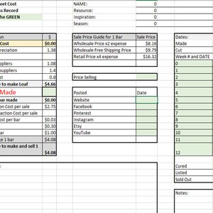 Soap Maker Tool Worksheet Cost and Recipe Success Record Editable Excel ...