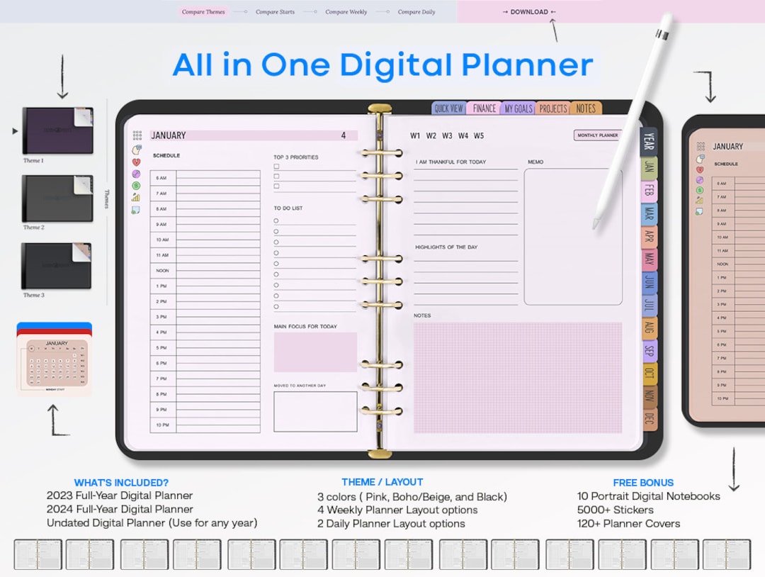 All in One Digital Planner, Premium Digital Planner 2023 2024 Undated ...