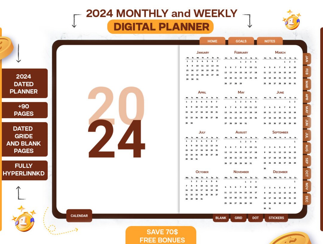 Monthly and Weekly Digital Planner, Monthly Digital Planner, Goodnotes ...
