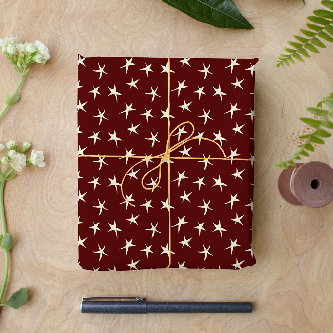 Starry Night Wrapping Paper - Hand-drawn White Stars on Deep Red ...