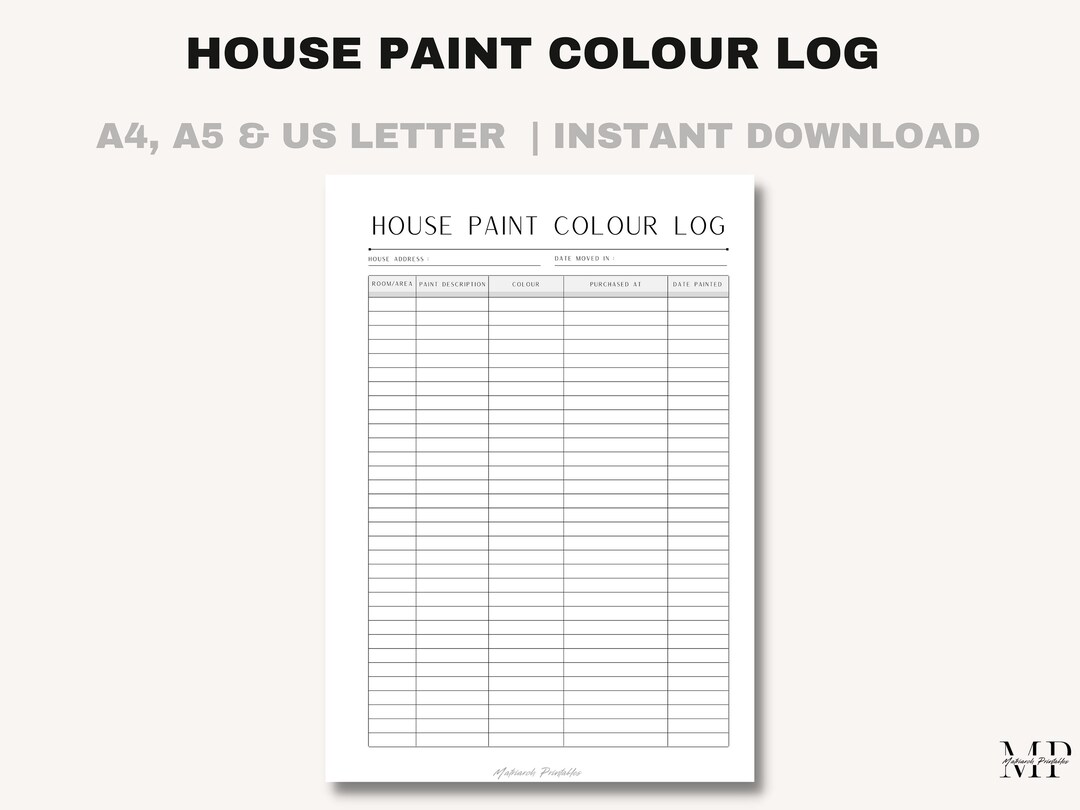 House Paint Colour Log | PDF Printable | Instant Download - Etsy