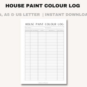 House Paint Colour Log | PDF Printable | Instant Download - Etsy