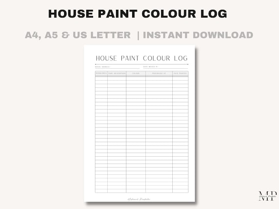 House Paint Colour Log PDF Printable Instant Download - Etsy