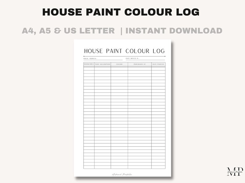 House Paint Colour Log | PDF Printable | Instant Download - Etsy