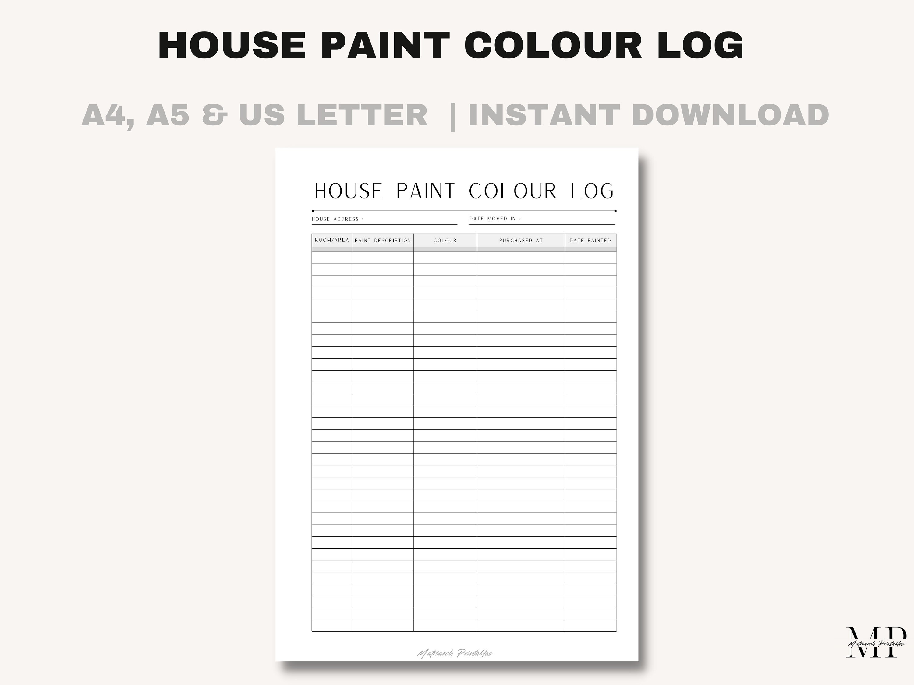 House Paint Colour Log | PDF Printable | Instant Download - Etsy