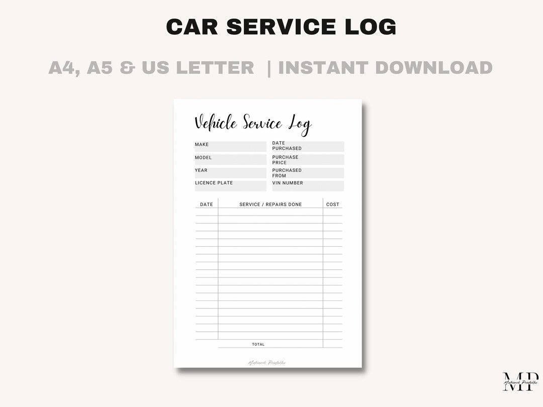 Vehicle Service Log | Auto Log | Car Log | Car Service Log| Budget ...