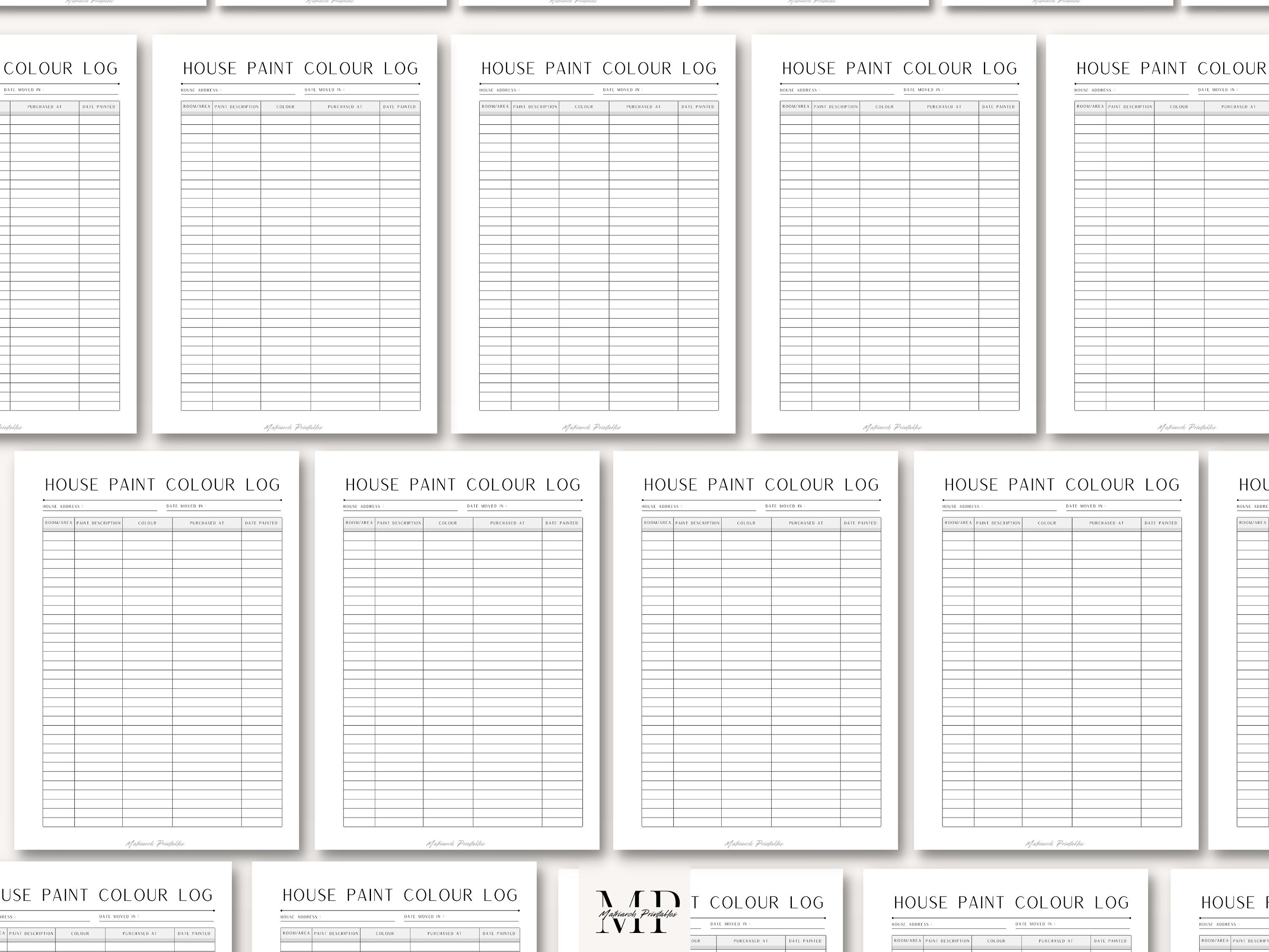House Paint Colour Log | PDF Printable | Instant Download - Etsy