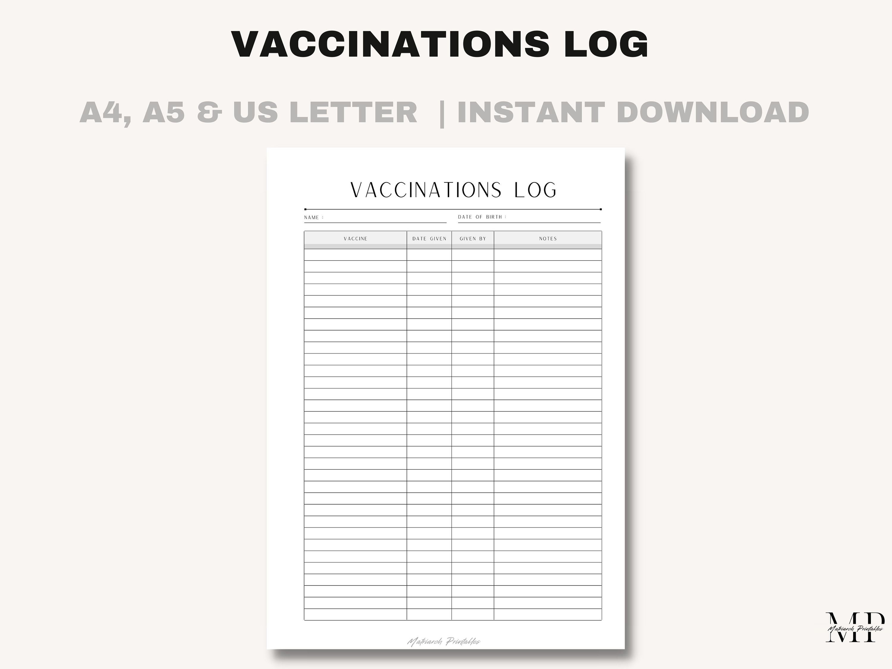 Vaccinations Log | Vaccinations Tracker | Immunisation Log ...