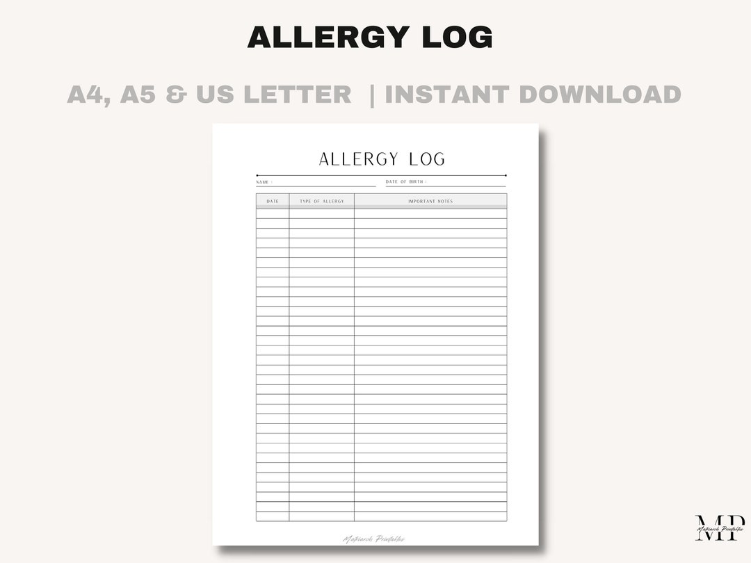 Printable Allergy Log | Allergy Tracker | Allergic Reaction Tracker ...