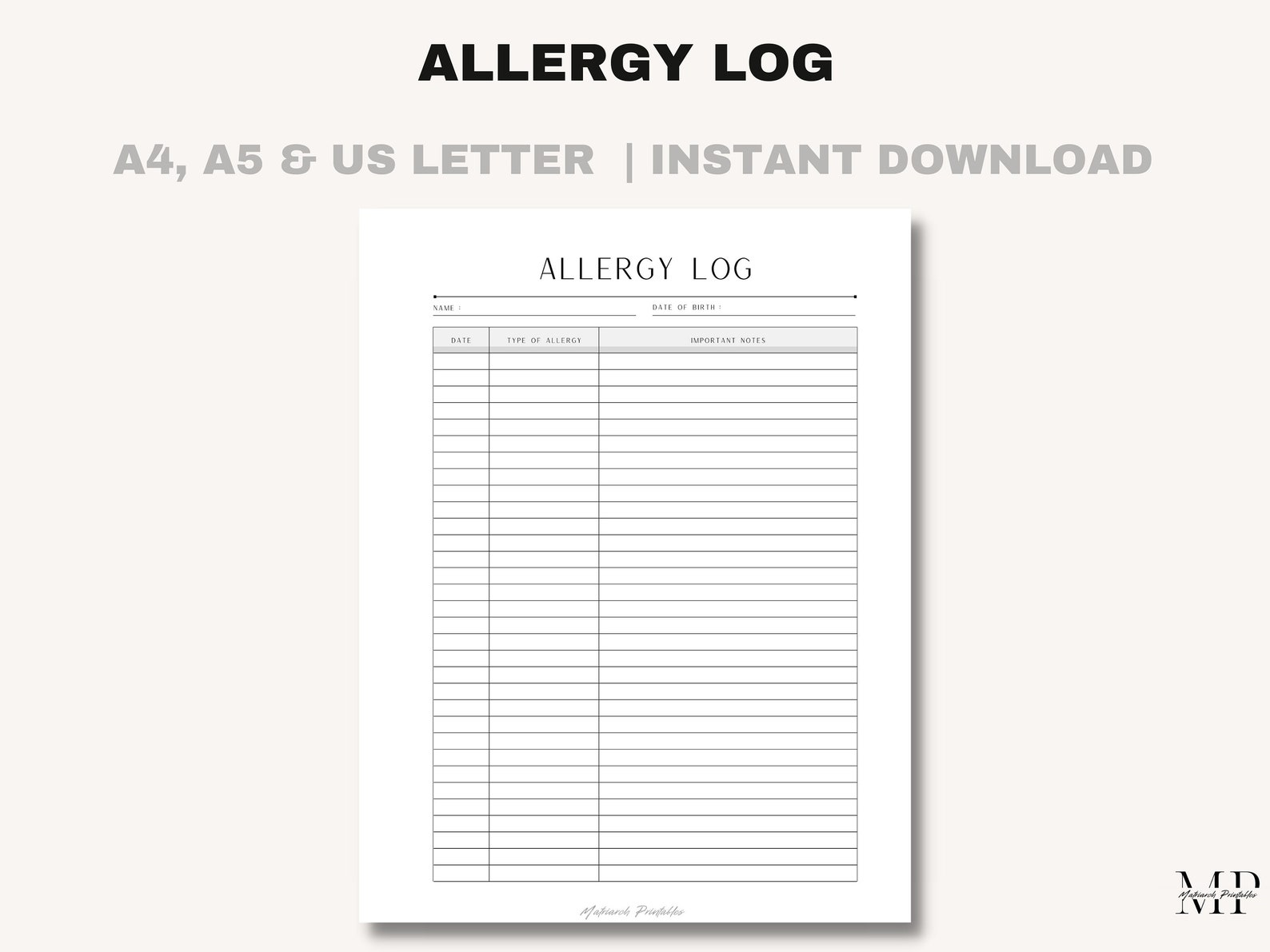 Printable Allergy Log | Allergy Tracker | Allergic Reaction Tracker ...