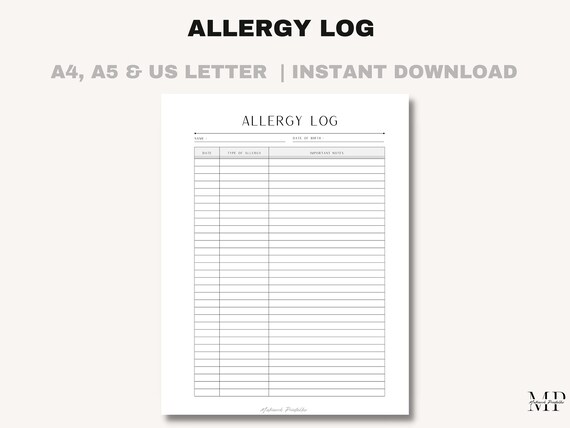 Printable Allergy Log Allergy Tracker Allergic Reaction | Etsy