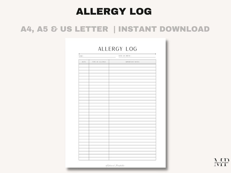 Printable Allergy Log | Allergy Tracker | Allergic Reaction Tracker ...