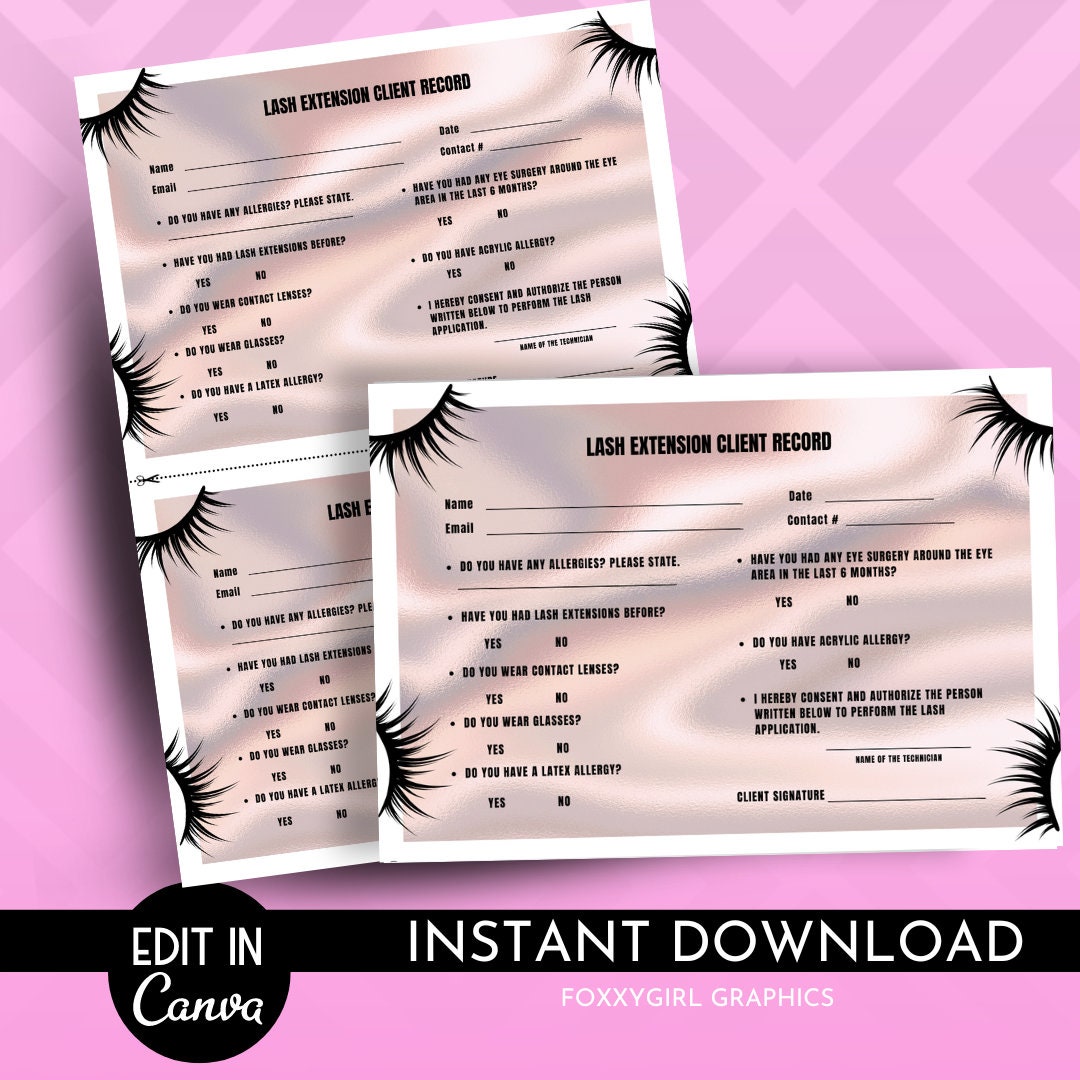 Lash Consultation Form, Rose Gold, Lash Forms, Eyelash Client Design ...