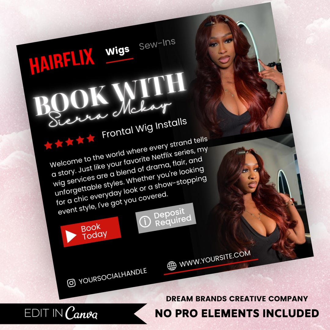 Hairflix Wig Install Flyer: Braider Booking Template (canva Editable ...