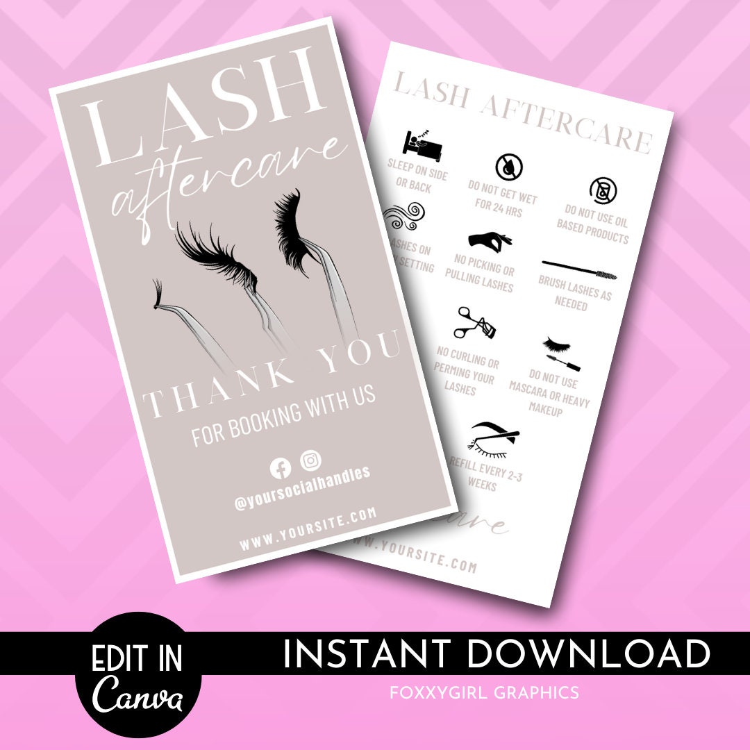 Lash Care Card, DIY Lash Care Aftercare, Care Card Template, Lash ...