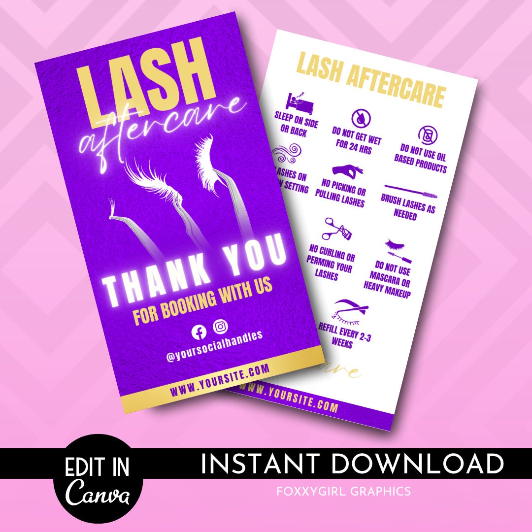 Lash Care Card, DIY Lash Care Aftercare, Care Card Template, Lash ...