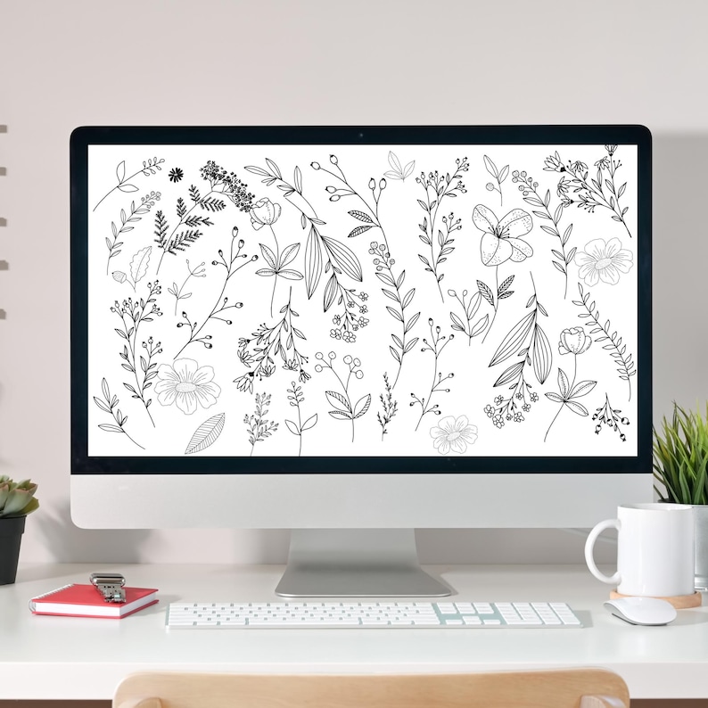Floral Line Art Desktop Wallpaper: Minimalist PC & Mac Background (PNG ...