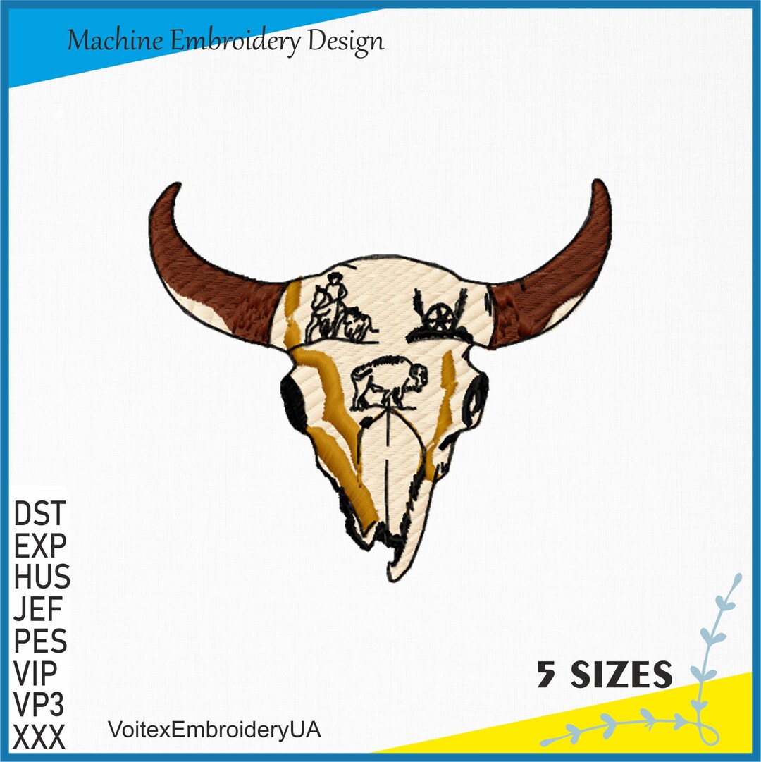 Cow Skull Embroidery Design - Bull Skull Machine Embroidery Designs - 5 ...