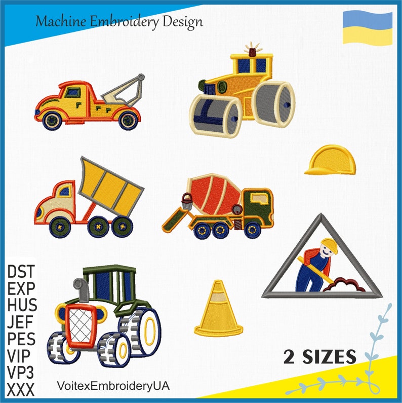Construction Vehicles Machine Embroidery Design - 8 Designs by 2 Sizes ...