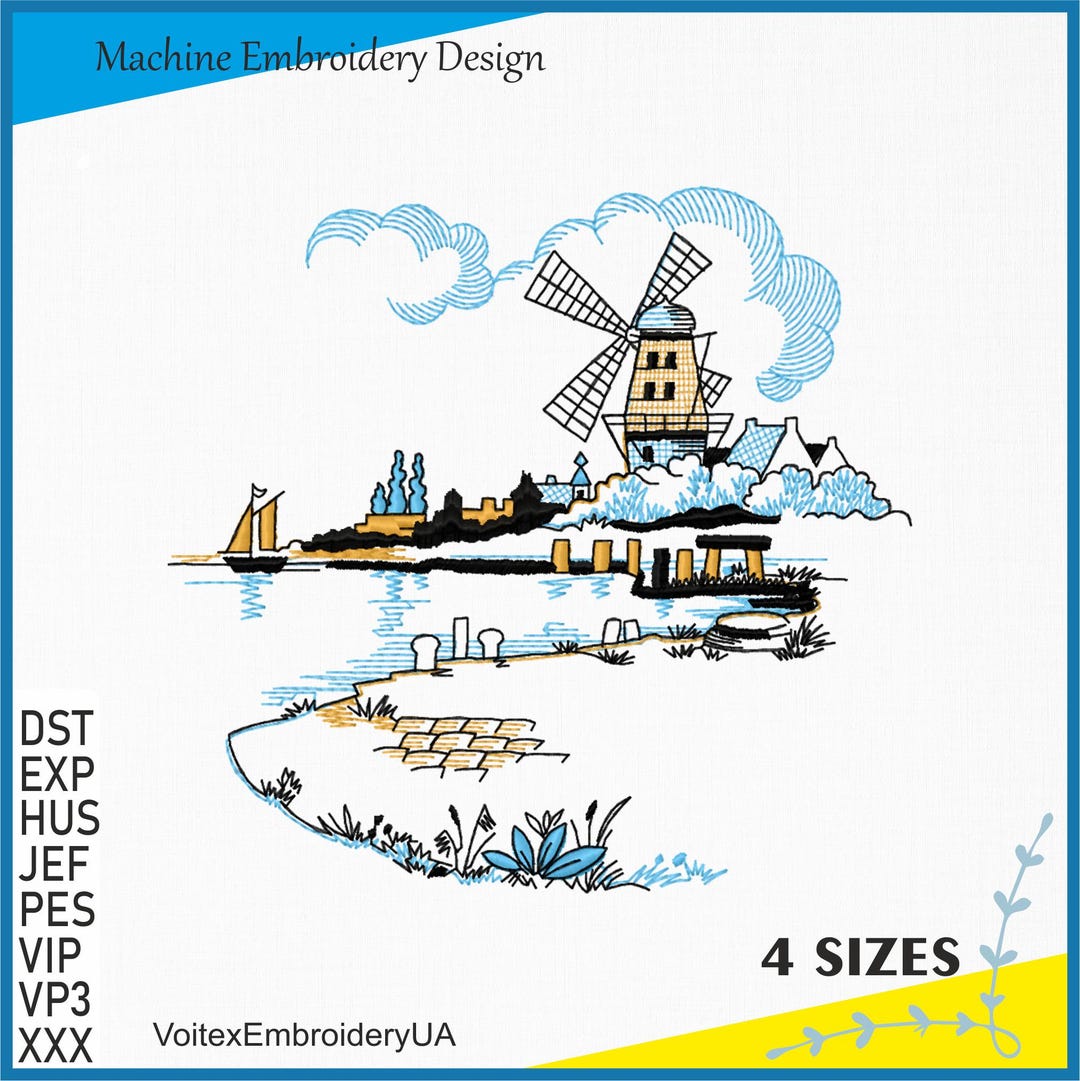 Windmill Embroidery Design - Old Windmill Digital File - 4 Sizes ...