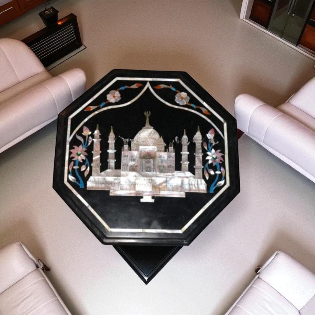 Taj Mahal Floral Inlay Marble Coffee Table Top: Handcrafted Pietra Dura ...