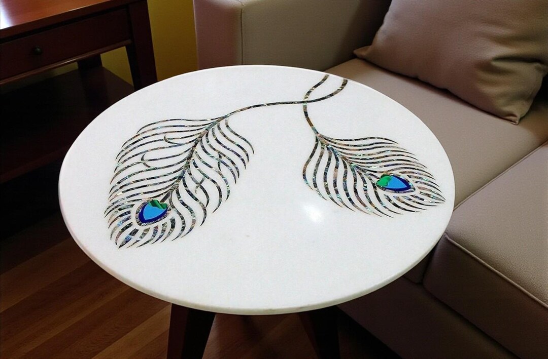 Round Marble Coffee Table, Peacock Feather Inlay Art - Etsy