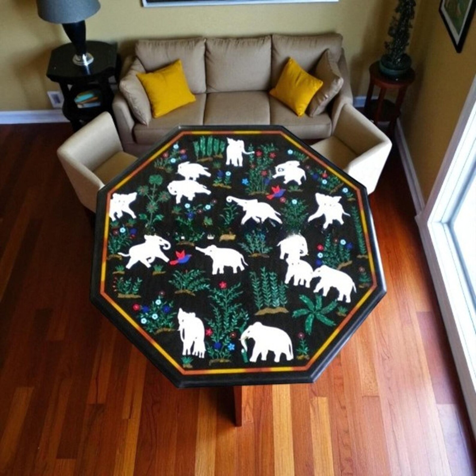 Octagonal Black Marble Table Top: Elephant Inlay, Semi-precious Stone ...