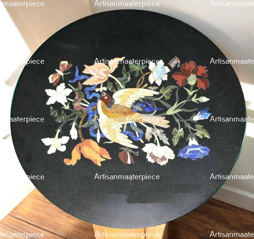 Round Black Marble Coffee Table Bird Design Semi Precious Gemstone ...
