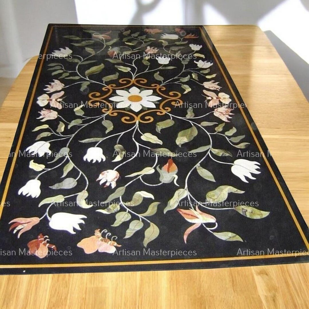Black Marble Rectangle Table Inlaid With Semi Precious Stone for Home ...