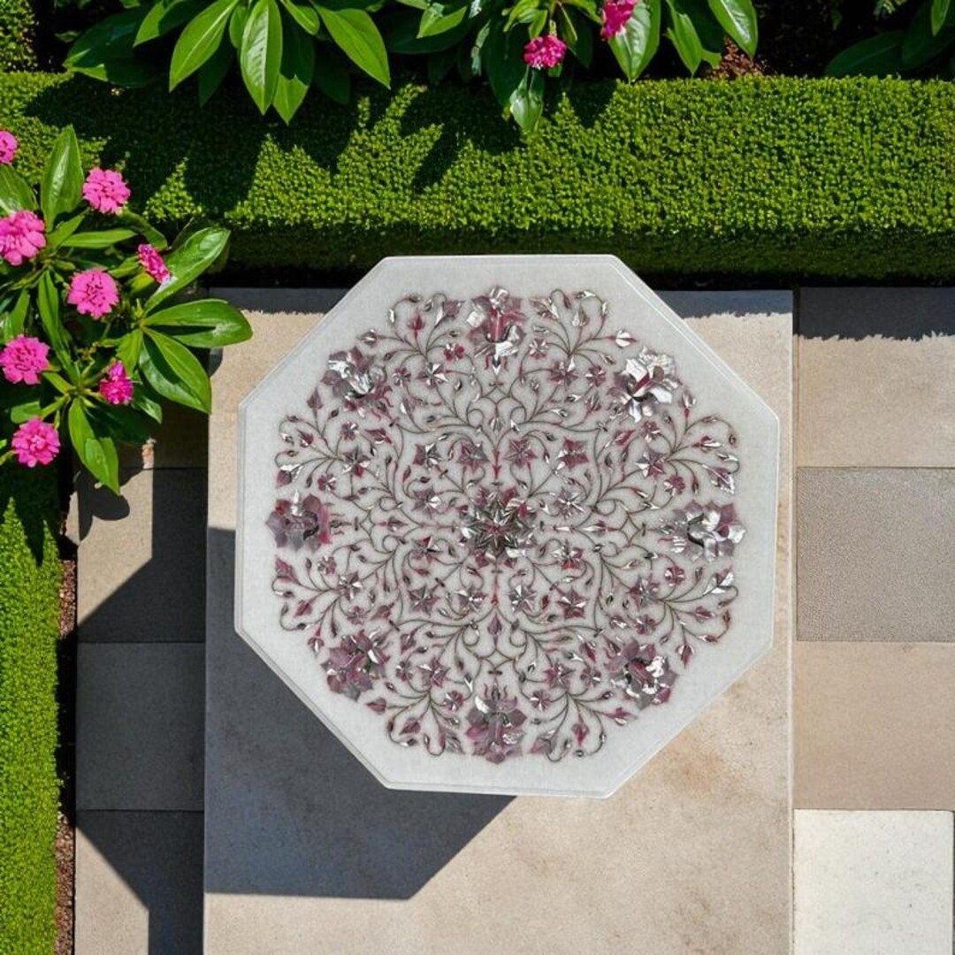 Octagon Mother of Pearl Inlay Coffee Table: Handmade Floral Marble Art ...