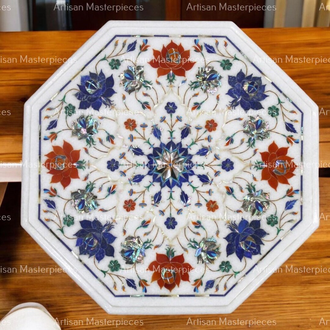 Elegant White Octagon Marble Tops Coffee Table, Semi Precious Inlay ...