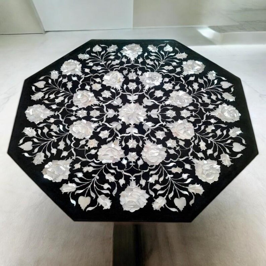 Black Marble Octagon Table Top | Mother of Pearl Inlay, Pietra Dura Art ...