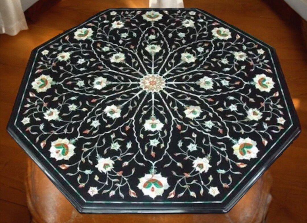 Black Marble Octagon Table Top Inlay Coffee, End Table Top Handmade ...