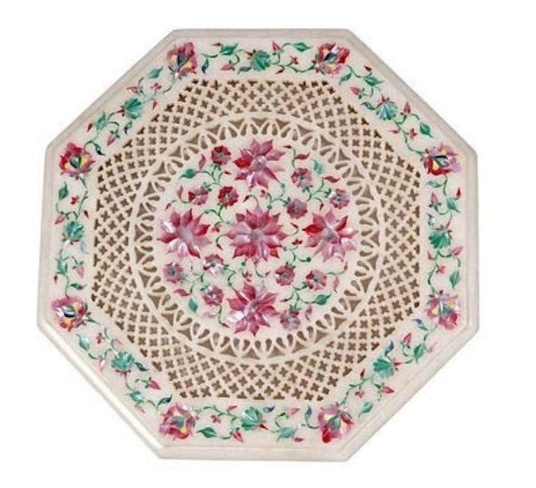 Octagon Shape White Marble Bed Side Table for Bedroom Area Multicolor ...