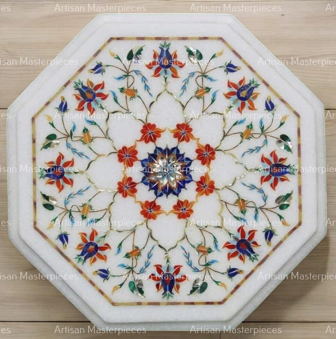 Marble Octagon White Bed Side Table for Bedroom Area Multicolor Stone ...