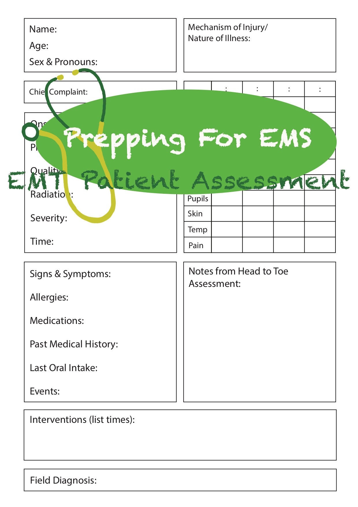 EMT Student- Patient Interview/assessment EMS Practice Chart (digital ...